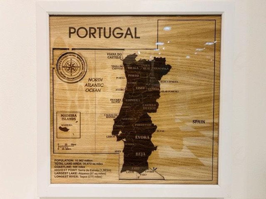 Portugal 3D Layered Oak Map With Black or White Frame - Detailed ...