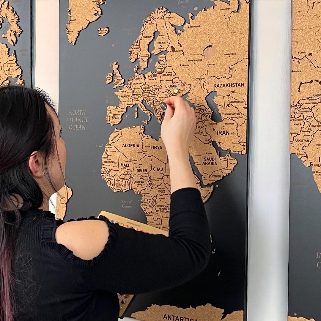 World Map Push Pin Wall Art in Cork or Oak - Detailed Office Decor With ...