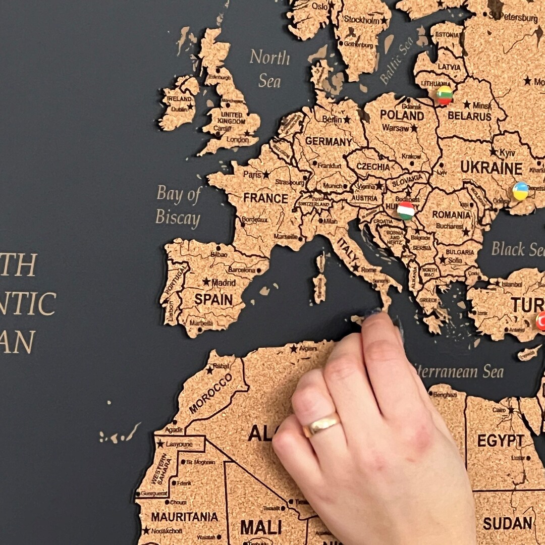 Customizable World Map Push Pin Wall Art in Oak or Cork for Modern ...