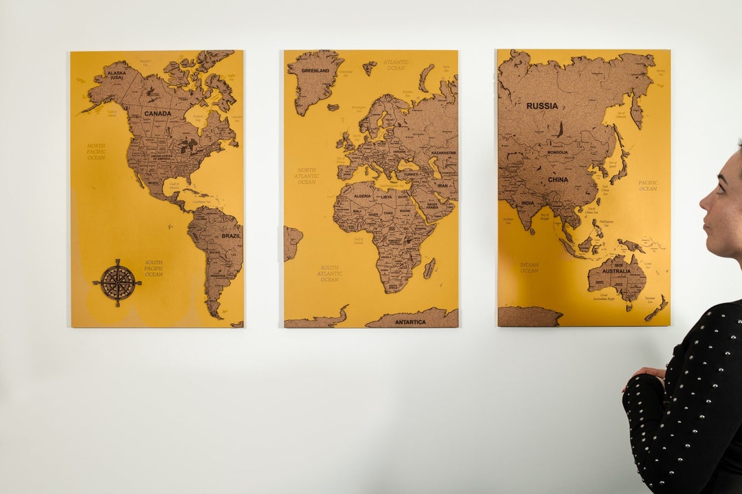 Cork 3D World Map Wall Art Push Pin, Wood Board Map Wooden Travel Map ...