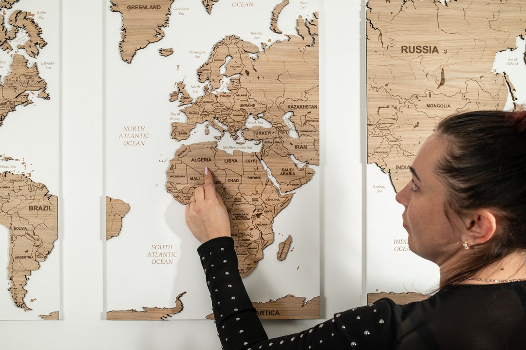 White & Oak Wood World Map Wall Art, Cork Board Map Wooden Oak Wood ...