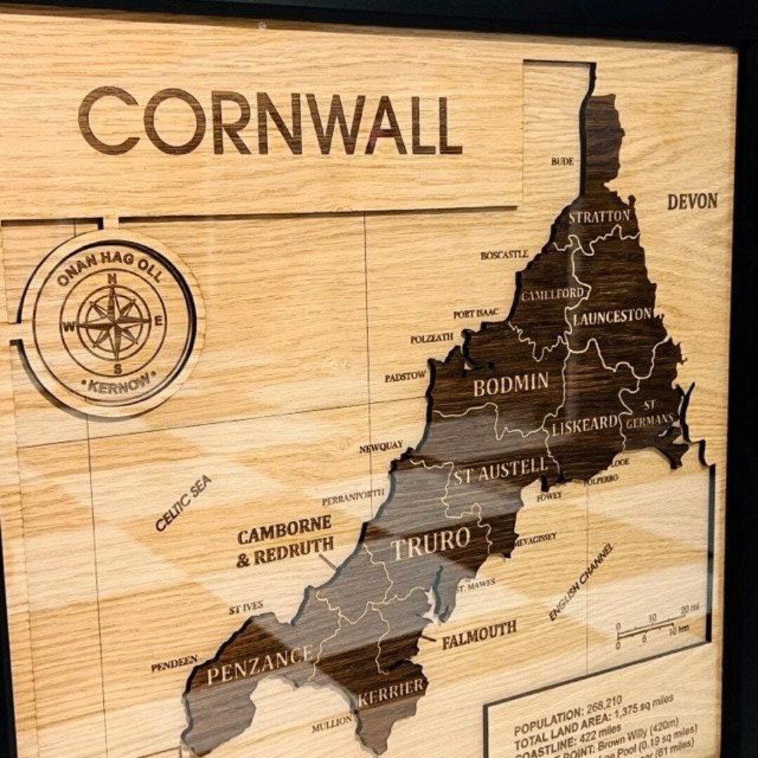 3D Layered Wooden Map of Cornwall With Black or White Frame - Detailed ...