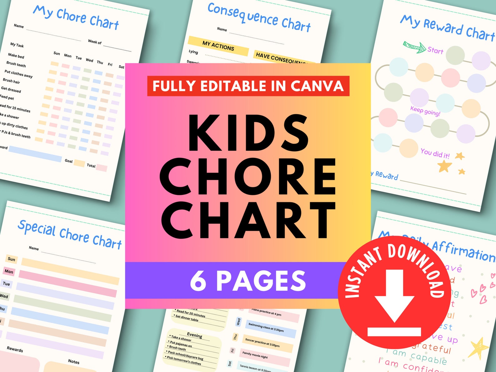Kids Chore Chart, Editable Kids Chore Chart, Printable Chore Chart for ...