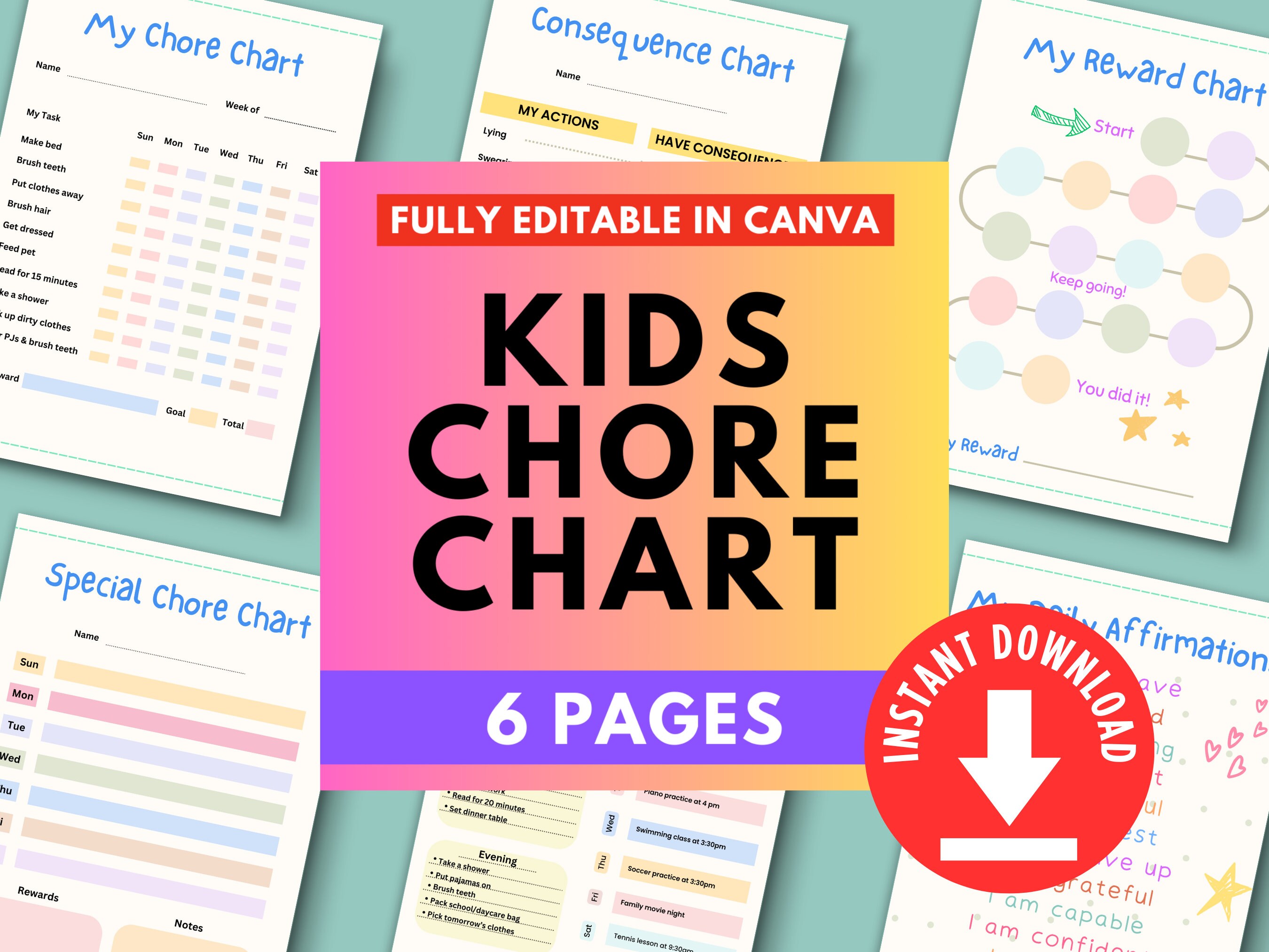 Kids Chore Chart, Editable Kids Chore Chart, Printable Chore Chart for ...