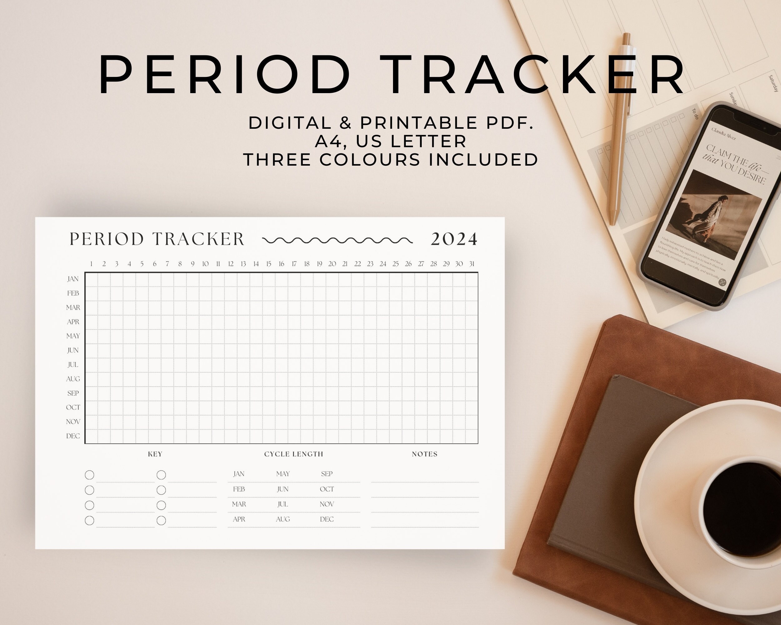 Cycle Tracker Printable, Cycle Tracker Calendar, Period Tracker Digital ...