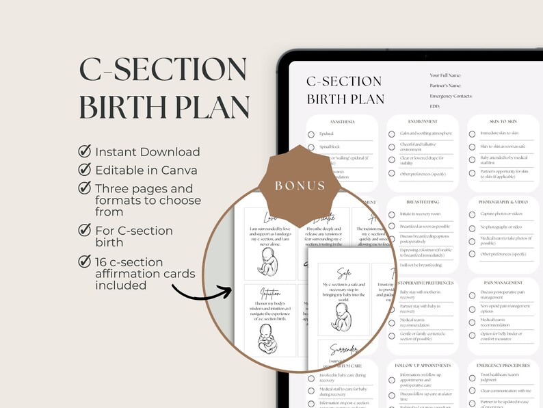 C-section Birth Plan Template, Cesarean Birth Plan, Gentle C-section ...