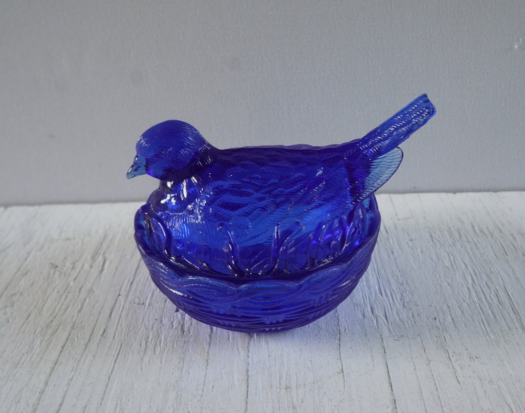 Vintage Cobalt Blue Glass Hen on a Nest Blue Glass Dish Covered Chicken ...