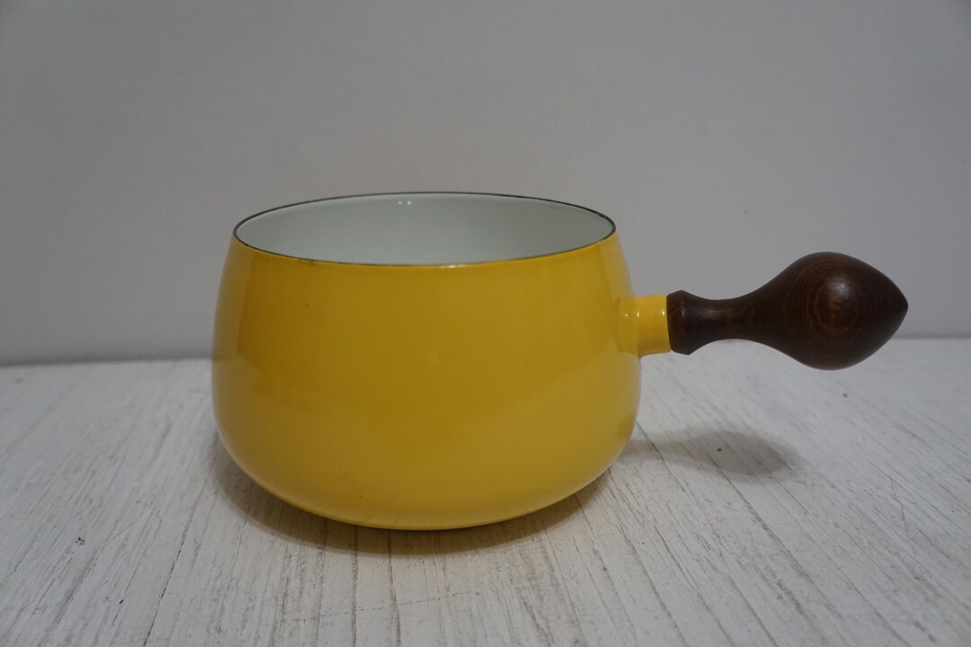 Vintage MCM Yellow Enamel Pot With Wooden Handle - Etsy