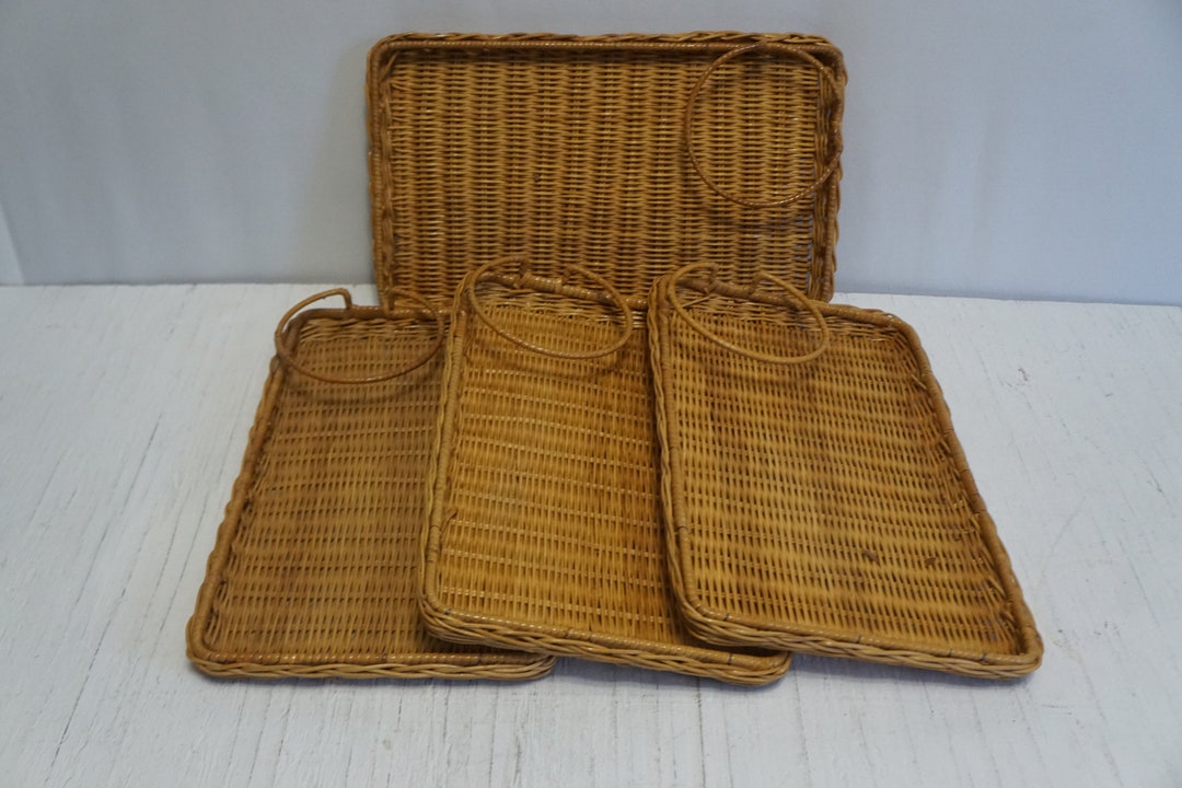 Vintage Rattan Cup Trays Woven Rattan Serving Trays W/ Cup Holder Set ...