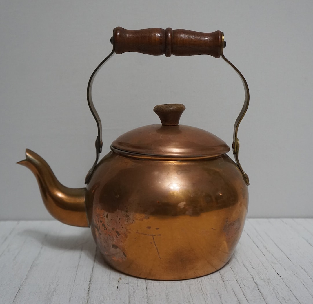 Vintage Copper Gooseneck Teapot Kettle Brass and Wood Handle and Knob ...