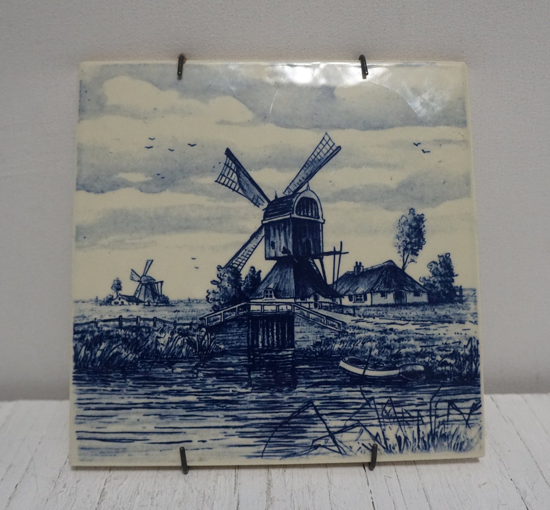 Vintage Blue Delft Tile Square Windmill 6 Inch Hand Painted Decorative ...