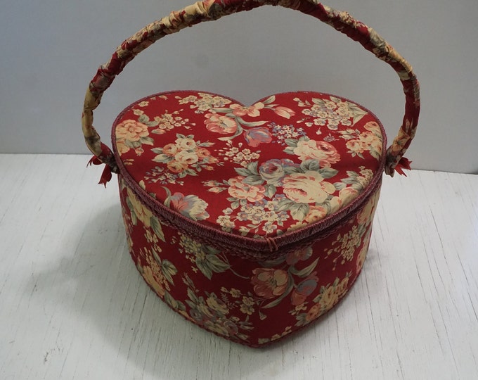 Vintage Heart Shaped Sewing Box Storage Box With Handle Floral Fabric ...
