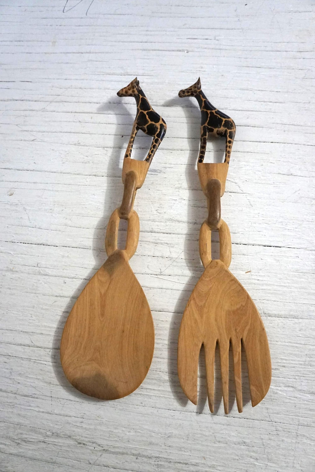 Vintage Hand Carved Giraffe Salad Servers: African Safari Wood Spoon ...