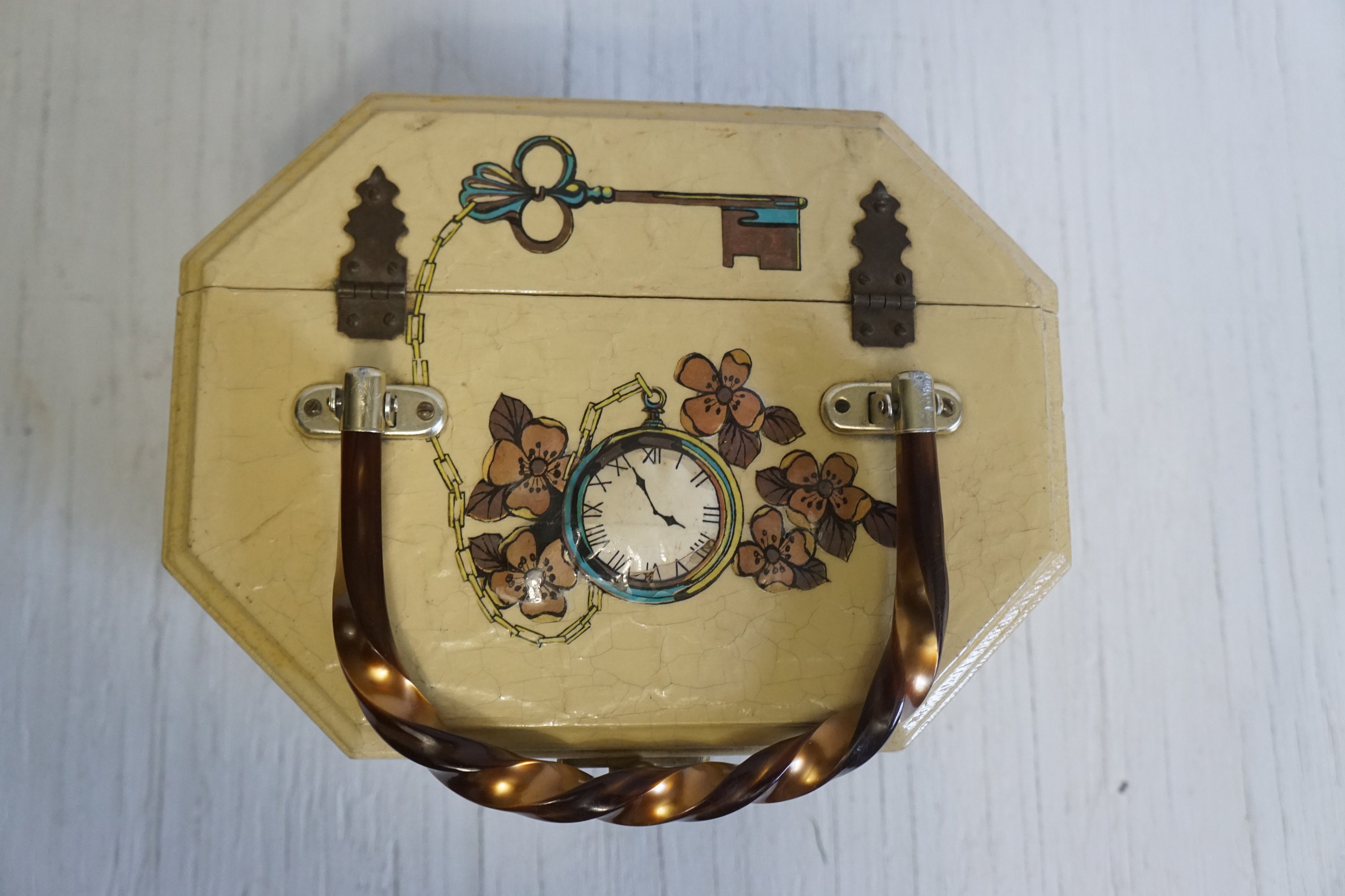Vintage Decoupage Box Handbag/octagon Shaped Box Handbag/tortoiseshell ...
