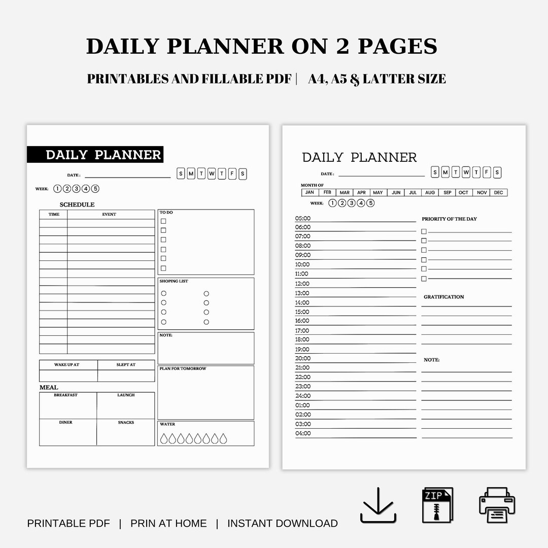 Minimalist Daily Printable and Fillable Planner. Daily Hourly Check ...