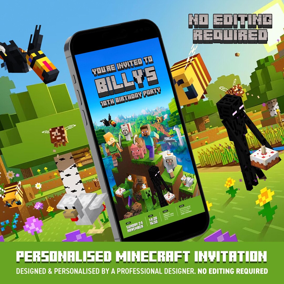 Personalised Minecraft Birthday Party Invitation No Editing Required 4K ...