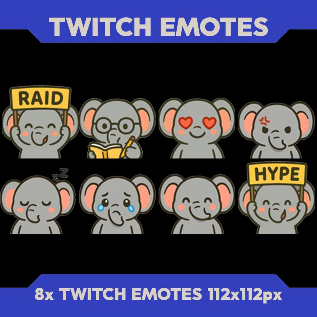 Cute Elephant Emotes Set With 8 Emotions as PNG for Twitch, Discord and ...