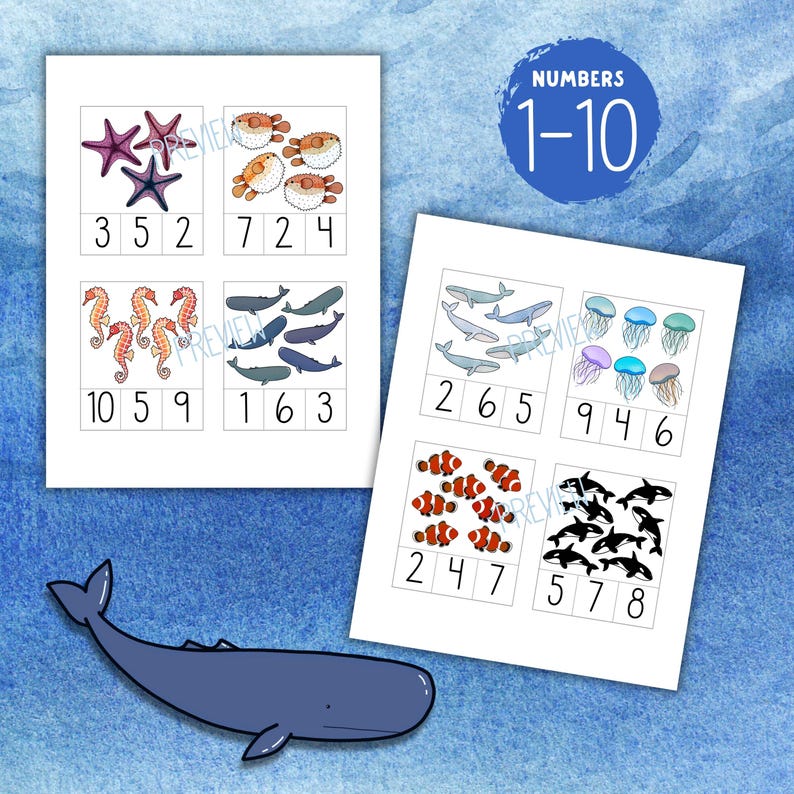 Sealife Count and Clip Cards 1-10: Montessori Math Activity (PDF) - Etsy