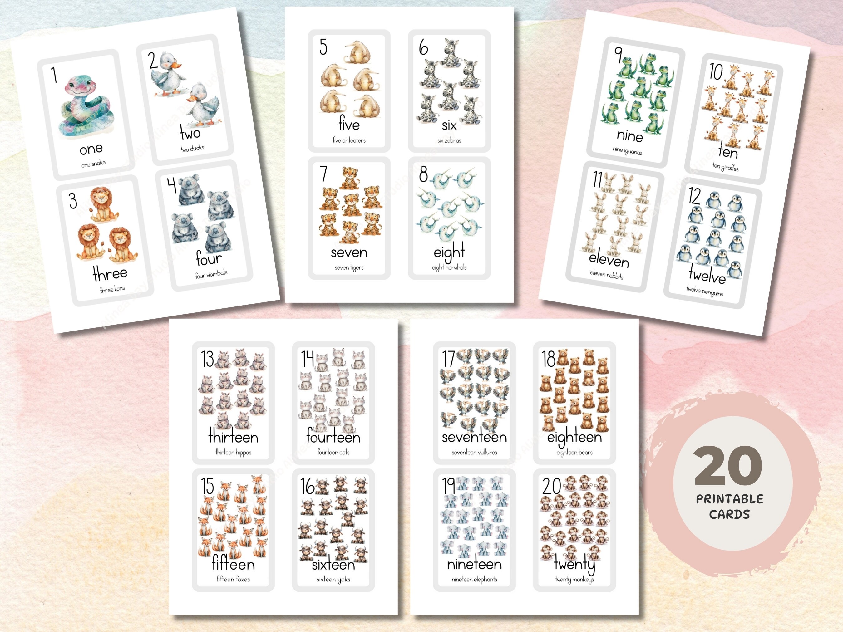 1-20 Animals Number Cards, Printable Activity Number Cards 1-20, Early ...