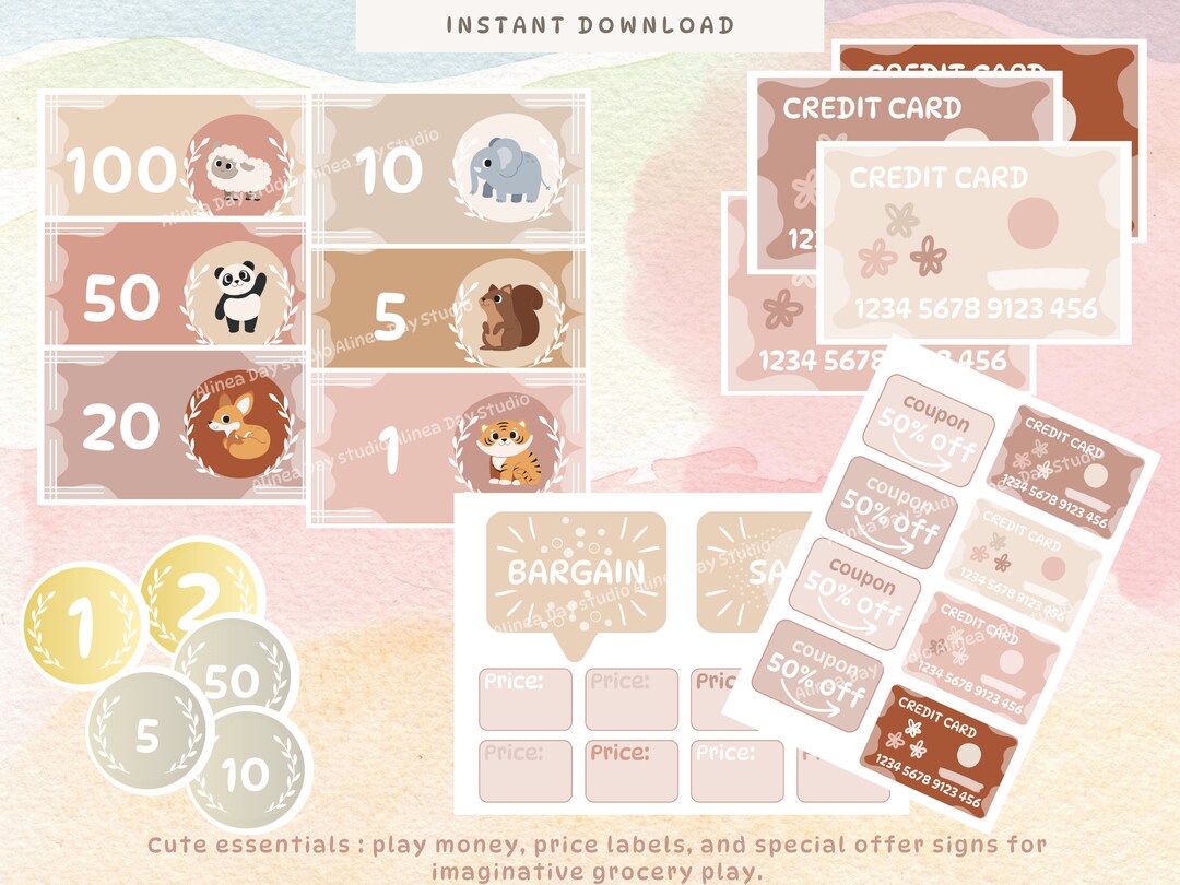 Printable Play Money Cute Animals Design for Pretend Play, Dramatic ...