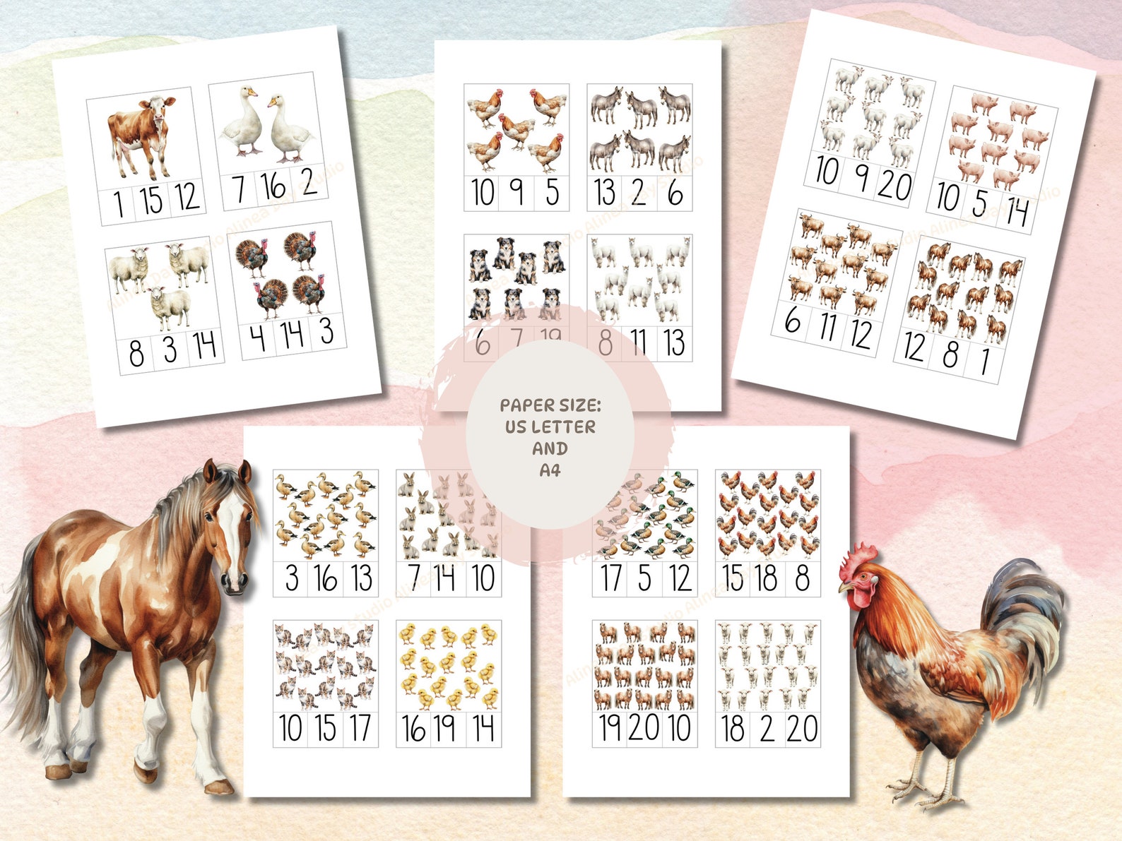 Farm Animals Count and Clip Cards Number 1-20, Printable Activity ...