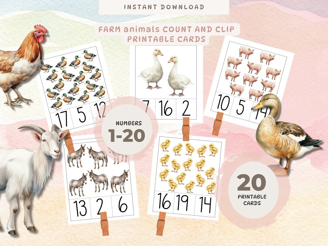 Farm Animals Count and Clip Cards Number 1-20, Printable Activity ...