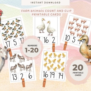 Farm Animals Count and Clip Cards Number 1-20, Printable Activity ...