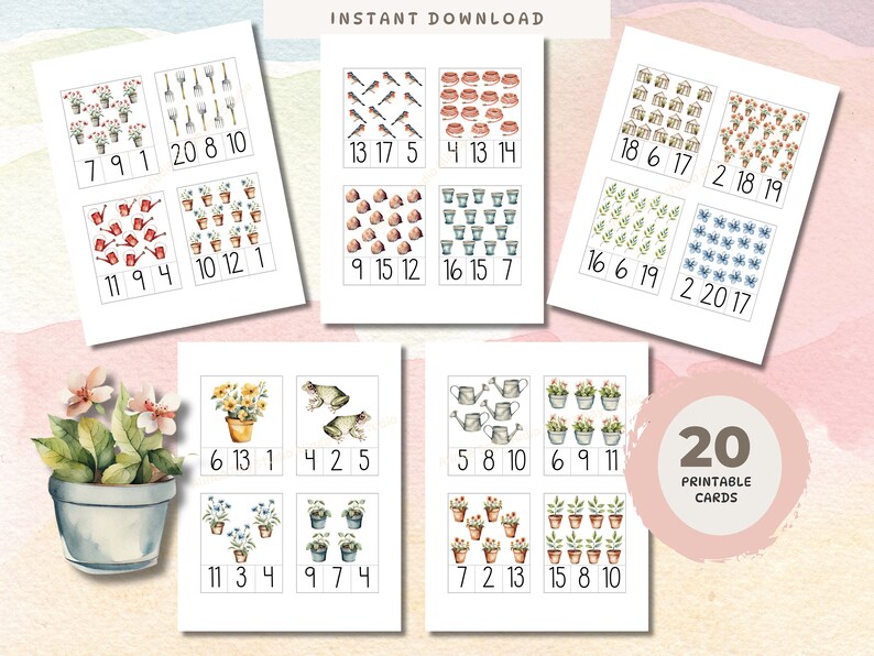 Garden Count and Clip Cards Number 1-20, Printable Activity Number ...
