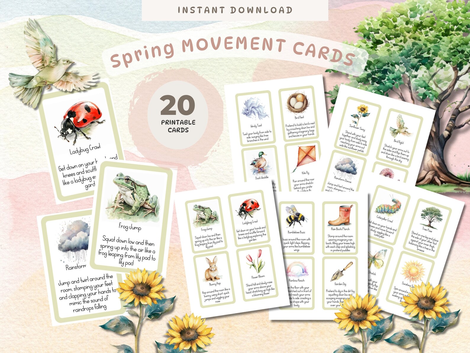 Spring Movement Cards: Watercolor Action Flashcards (PDF) - Etsy