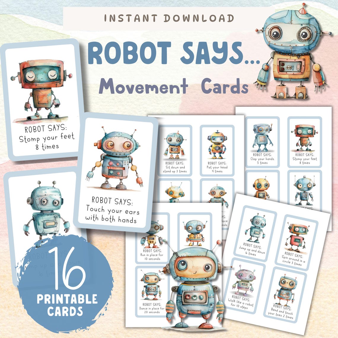 ROBOT SAYS Movement Cards, Simon Says Kids Exercises Flash Cards for ...