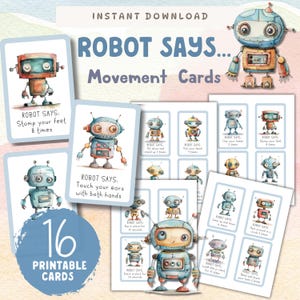 ROBOT SAYS Movement Cards, Simon Says Kids Exercises Flash Cards for ...