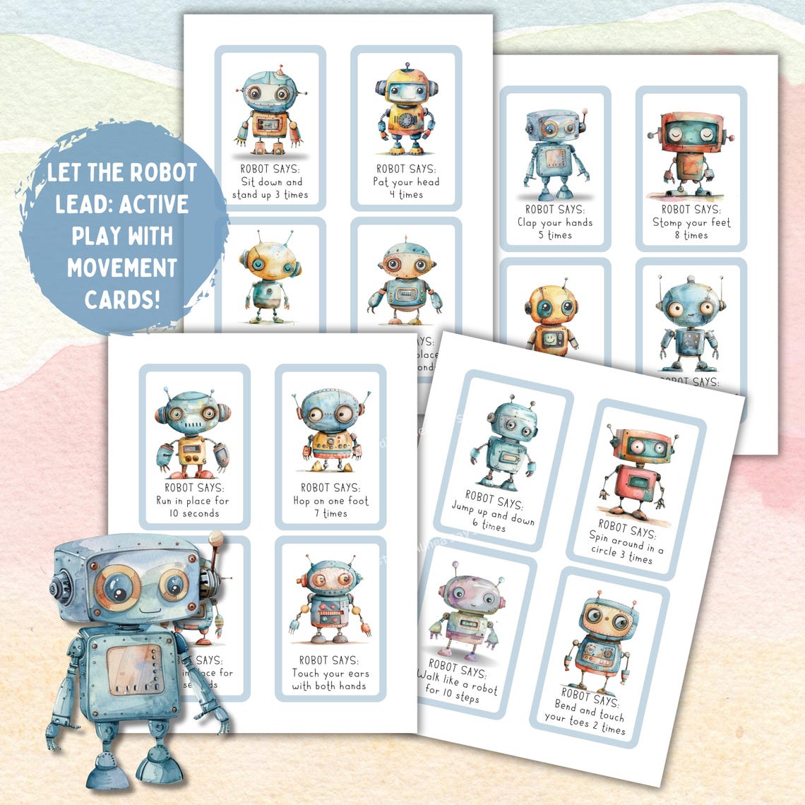 ROBOT SAYS Movement Cards, Simon Says Kids Exercises Flash Cards for ...