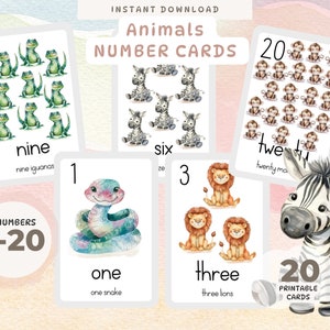 1-20 Animals Number Cards, Printable Activity Number Cards 1-20, Early ...