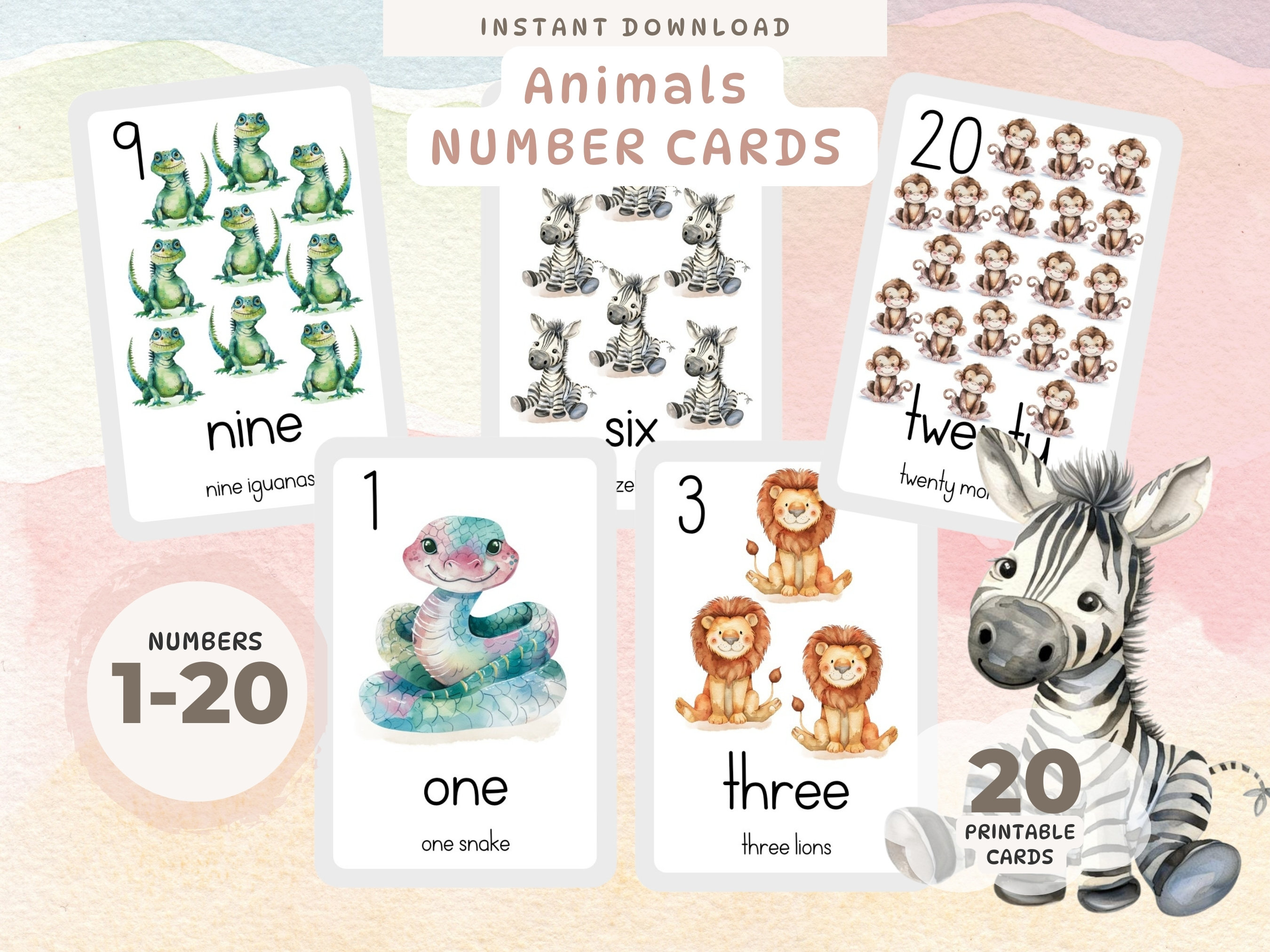 1-20 Animals Number Cards, Printable Activity Number Cards 1-20, Early ...