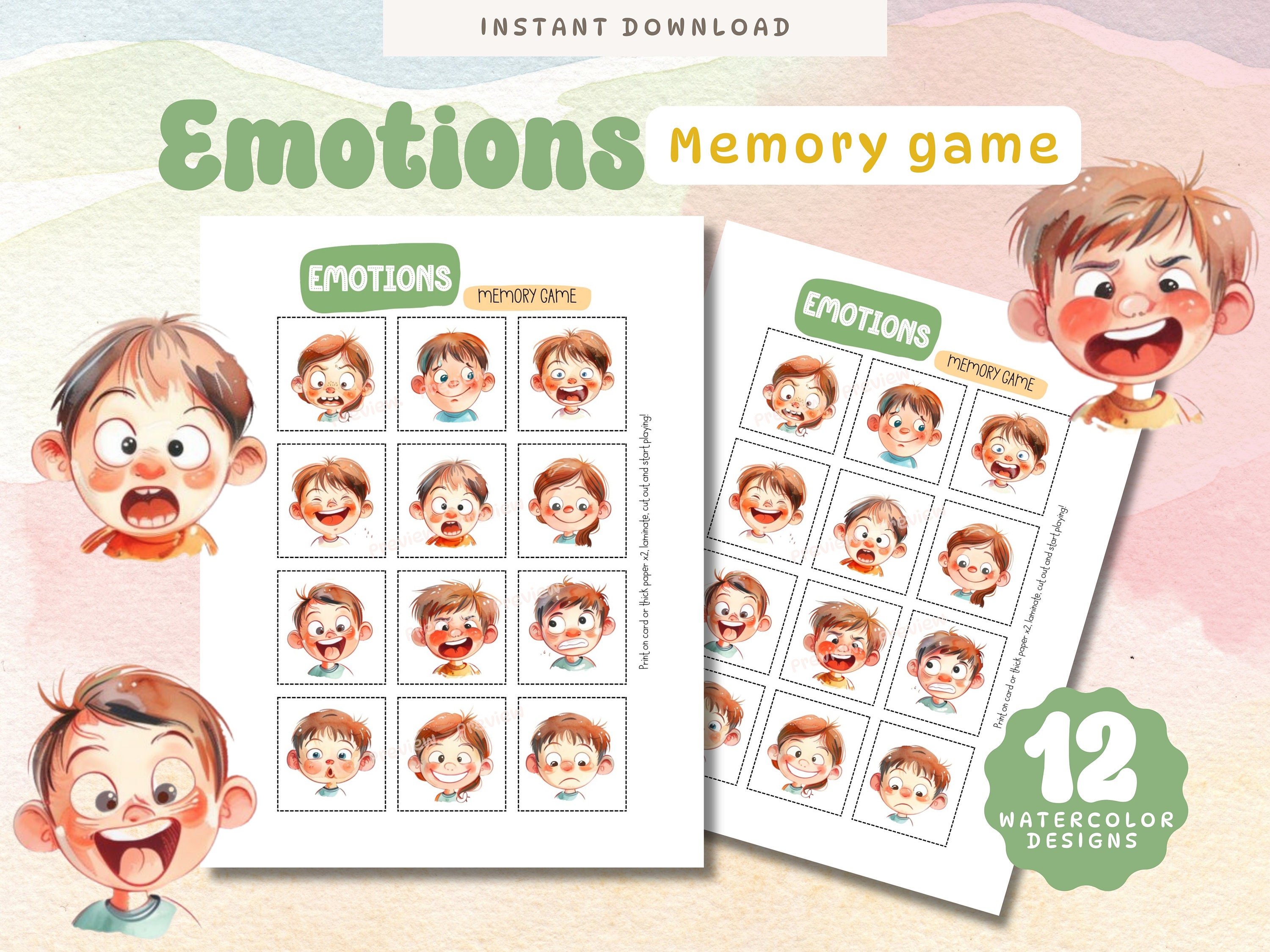 EMOTIONS Memory Game Printable, Social Emotional Learning, Play Therapy ...