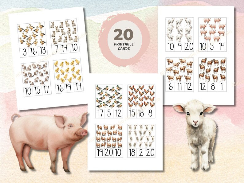 Farm Animals Count and Clip Cards Number 1-20, Printable Activity ...