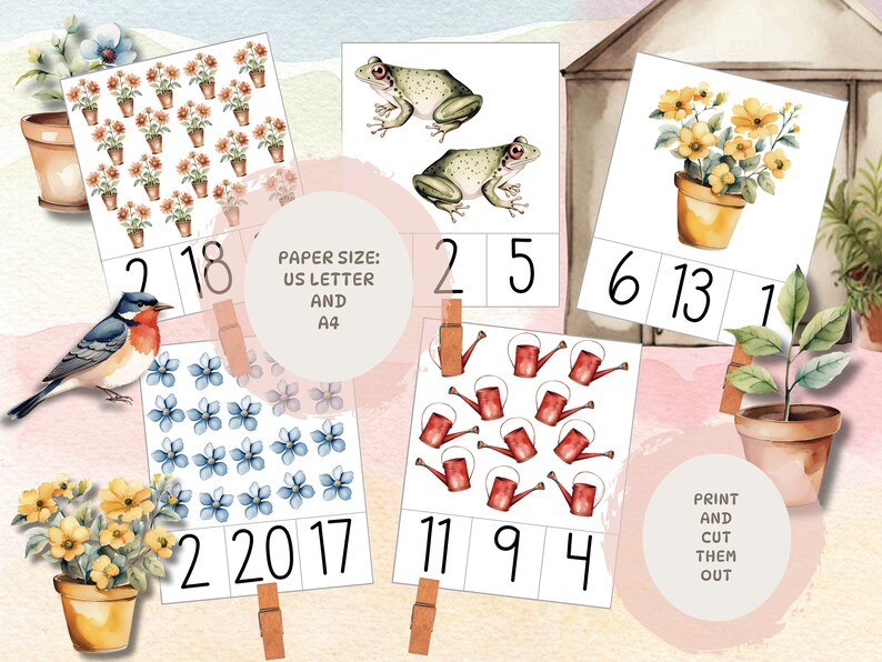 Garden Count and Clip Cards Number 1-20, Printable Activity Number ...