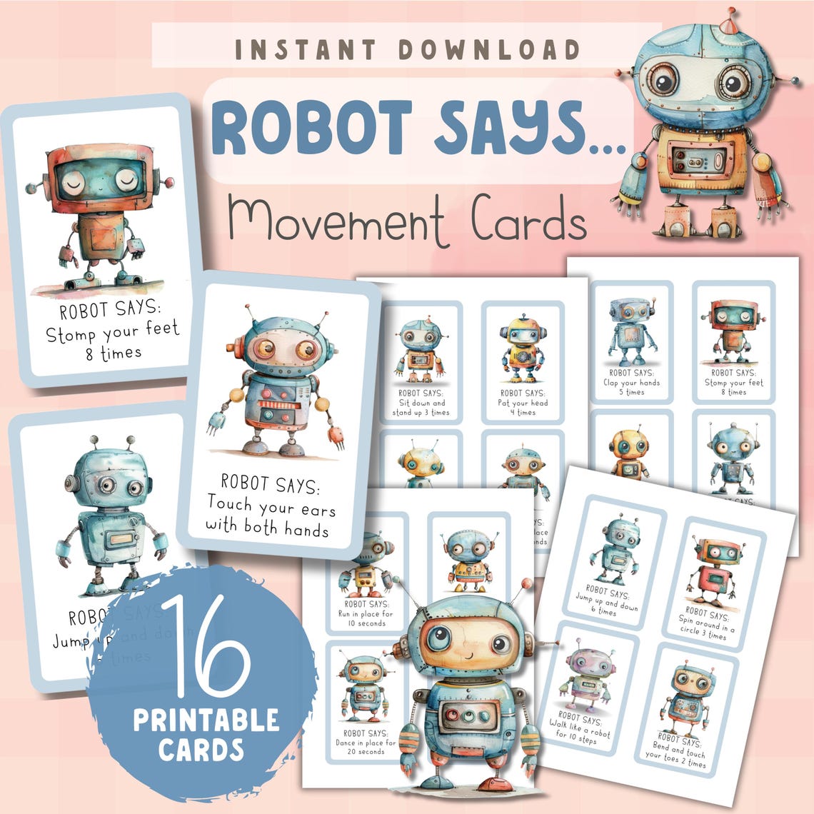 ROBOT SAYS Movement Cards Simon Says Kids Exercise Flashcards Fun ...