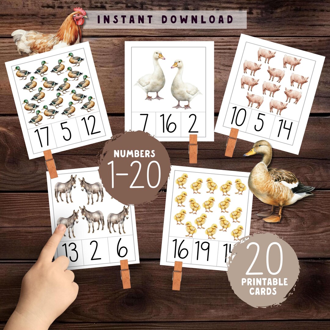 Farm Animals Count and Clip Cards Number 1-20, Printable Activity ...