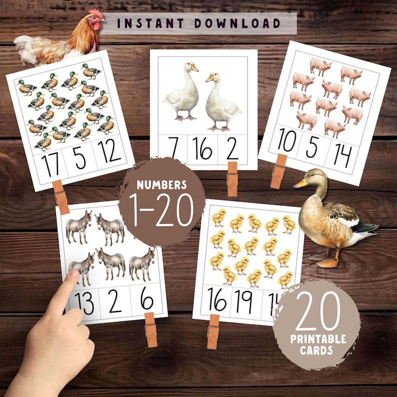 Farm Animals Count and Clip Cards Number 1-20, Printable Activity ...