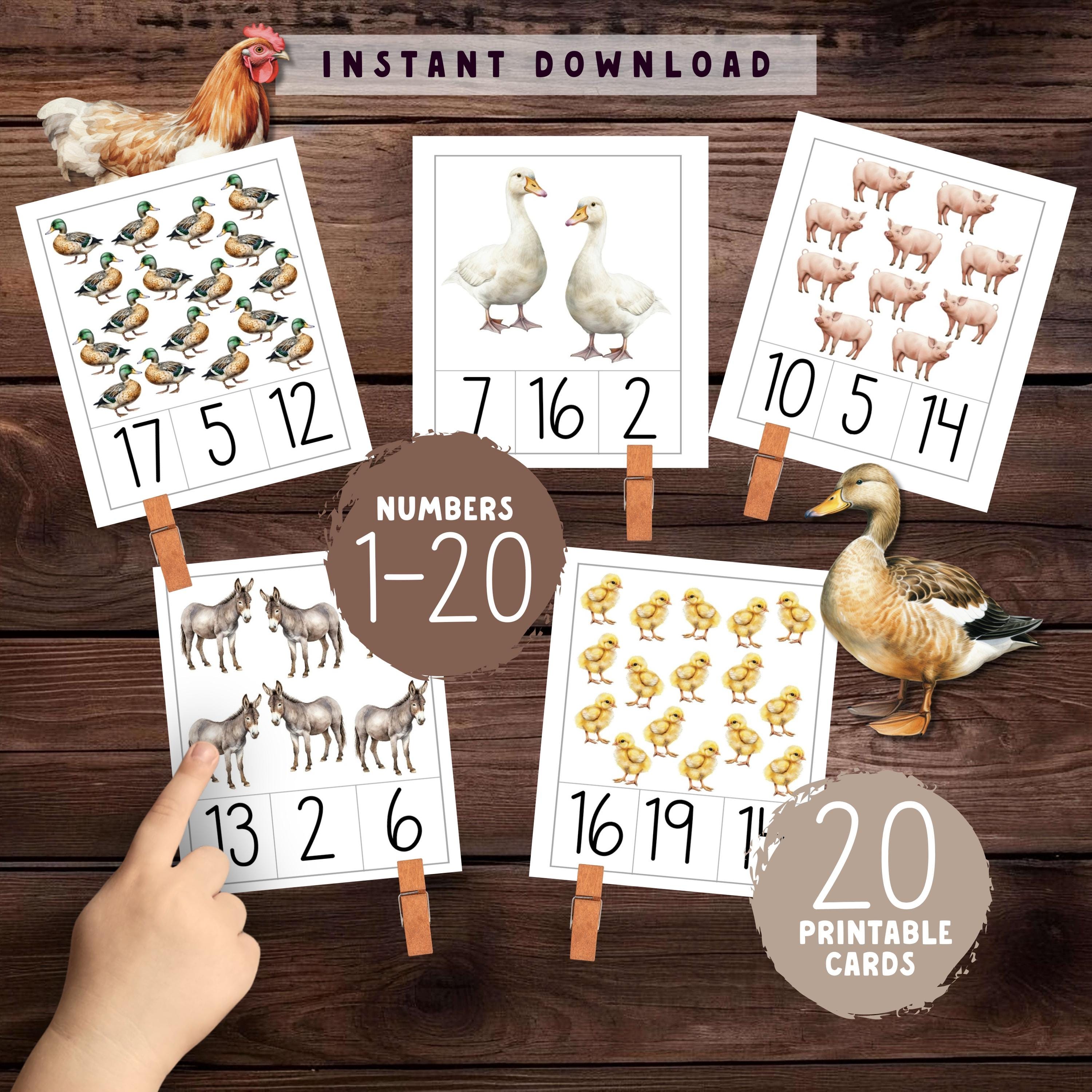 Farm Animals Count and Clip Cards Number 1-20, Printable Activity ...