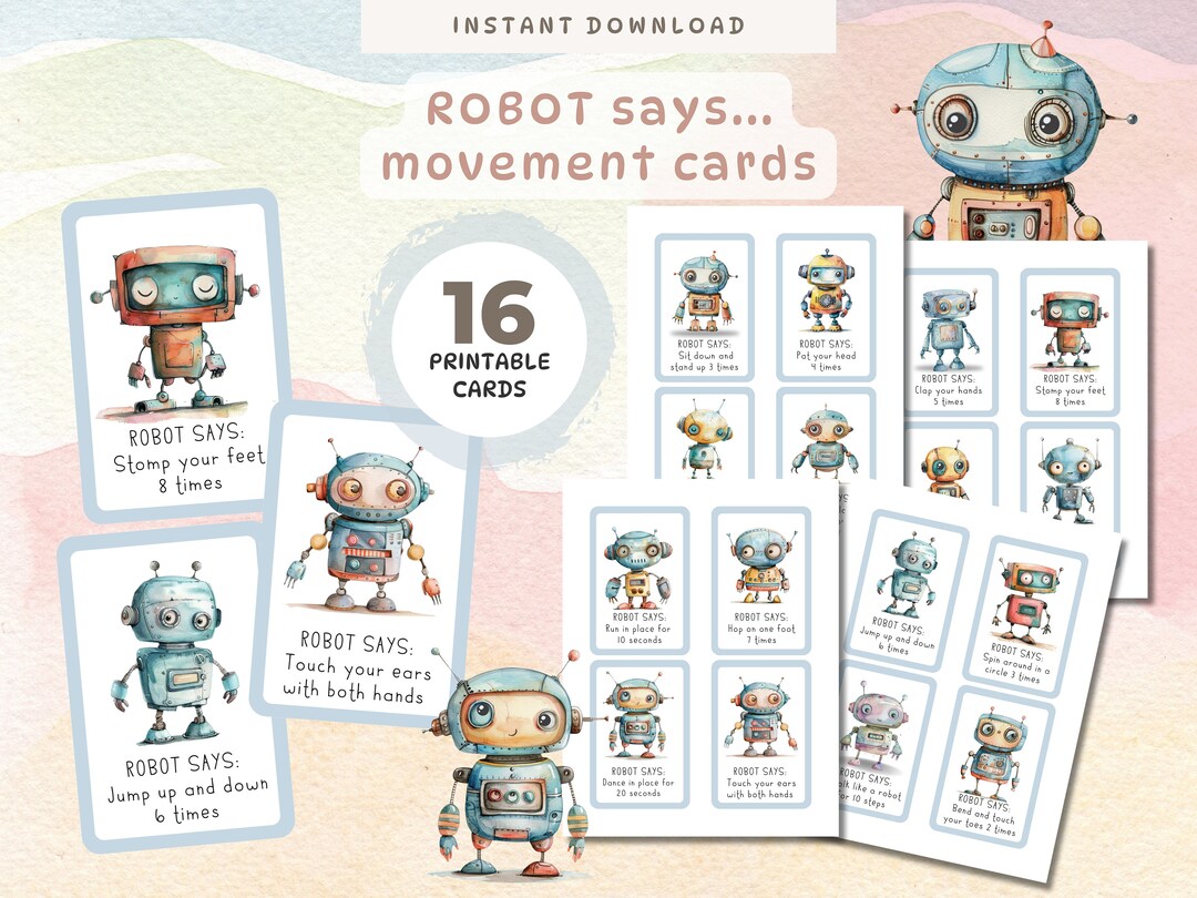 ROBOT SAYS Movement Cards, Simon Says Kids Exercises Flash Cards for ...