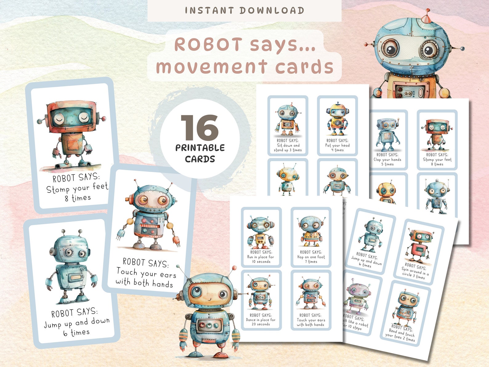 ROBOT SAYS Movement Cards, Simon Says Kids Exercises Flash Cards for ...