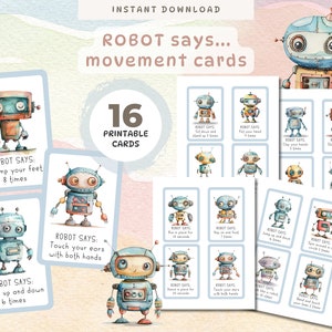 ROBOT SAYS Movement Cards, Simon Says Kids Exercises Flash Cards for ...