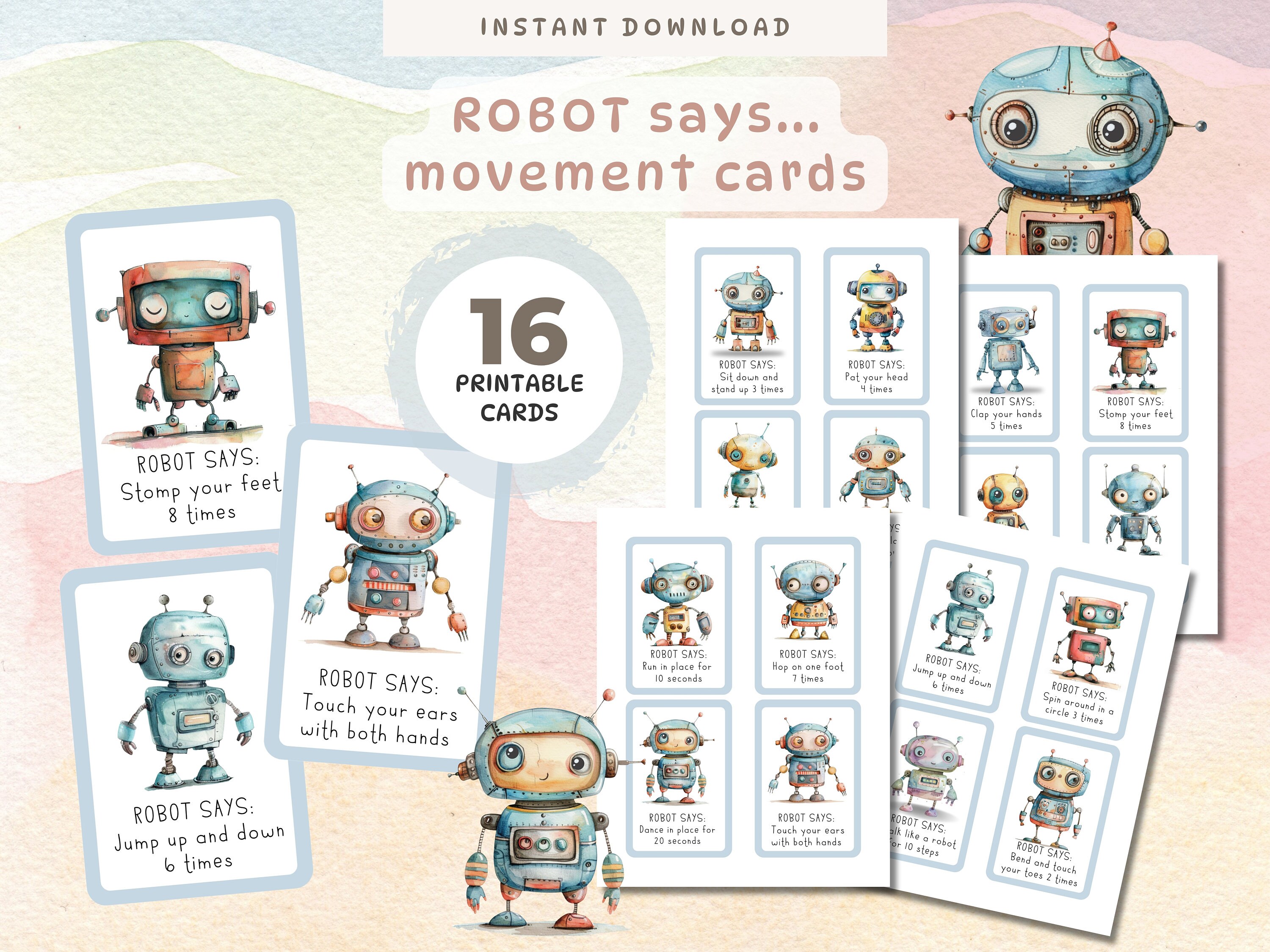 ROBOT SAYS Movement Cards, Simon Says Kids Exercises Flash Cards for ...