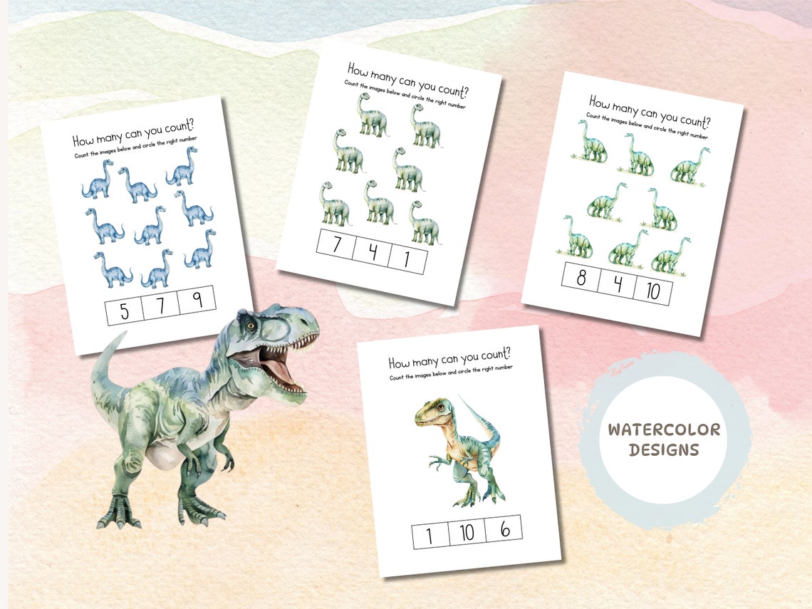 1-10 Dinosaurs Maths Worksheets, Early Counting Printables Numbers 1-10 ...