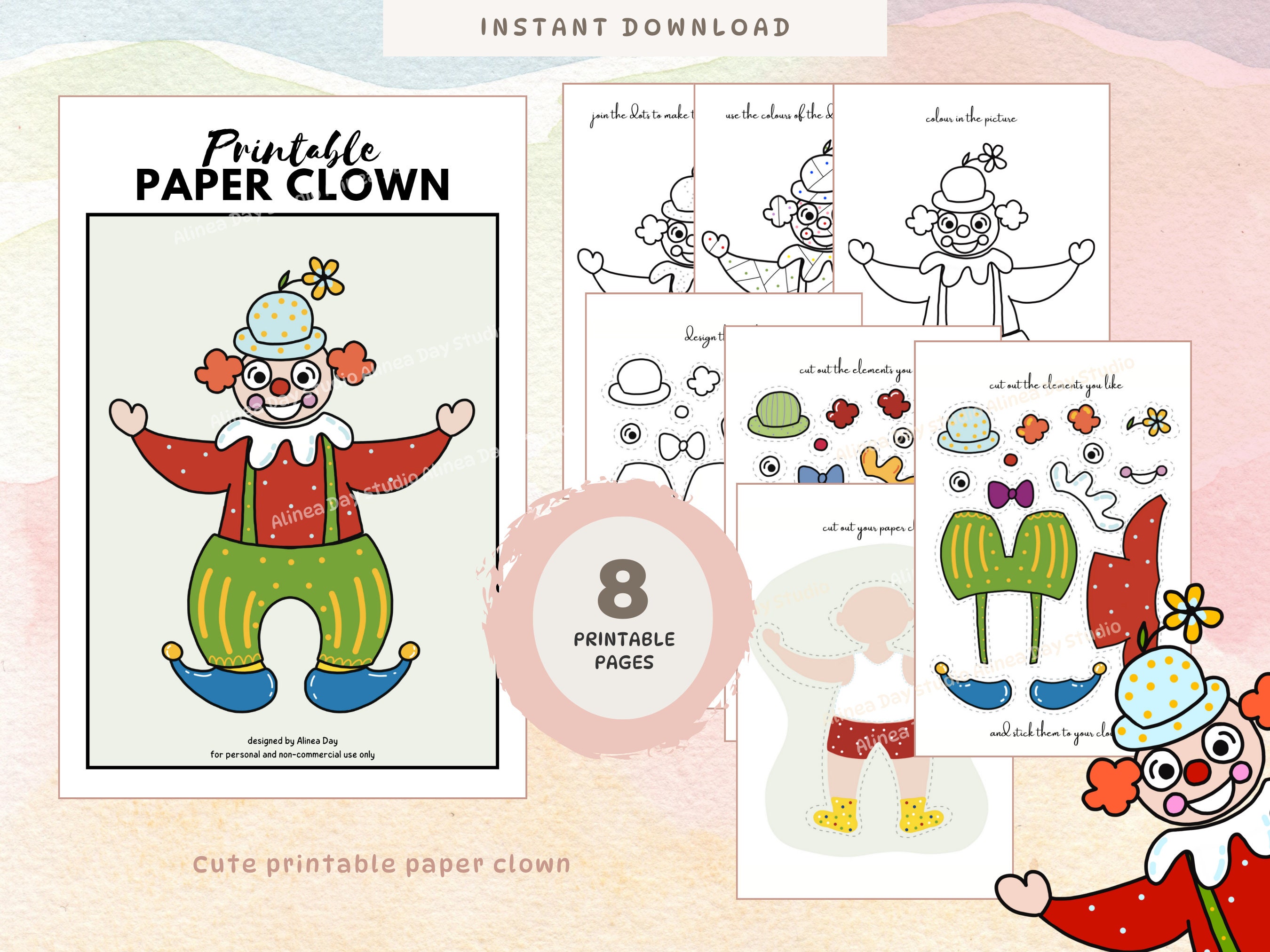 Clown Paper Doll PRINTABLE Preschool Homeschool Paper Craft Toddler ...