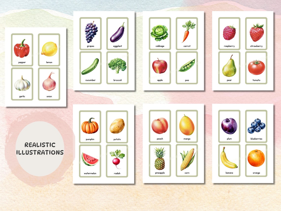 Fruits and Vegetables Cards Montessori Flashcards, Educational ...