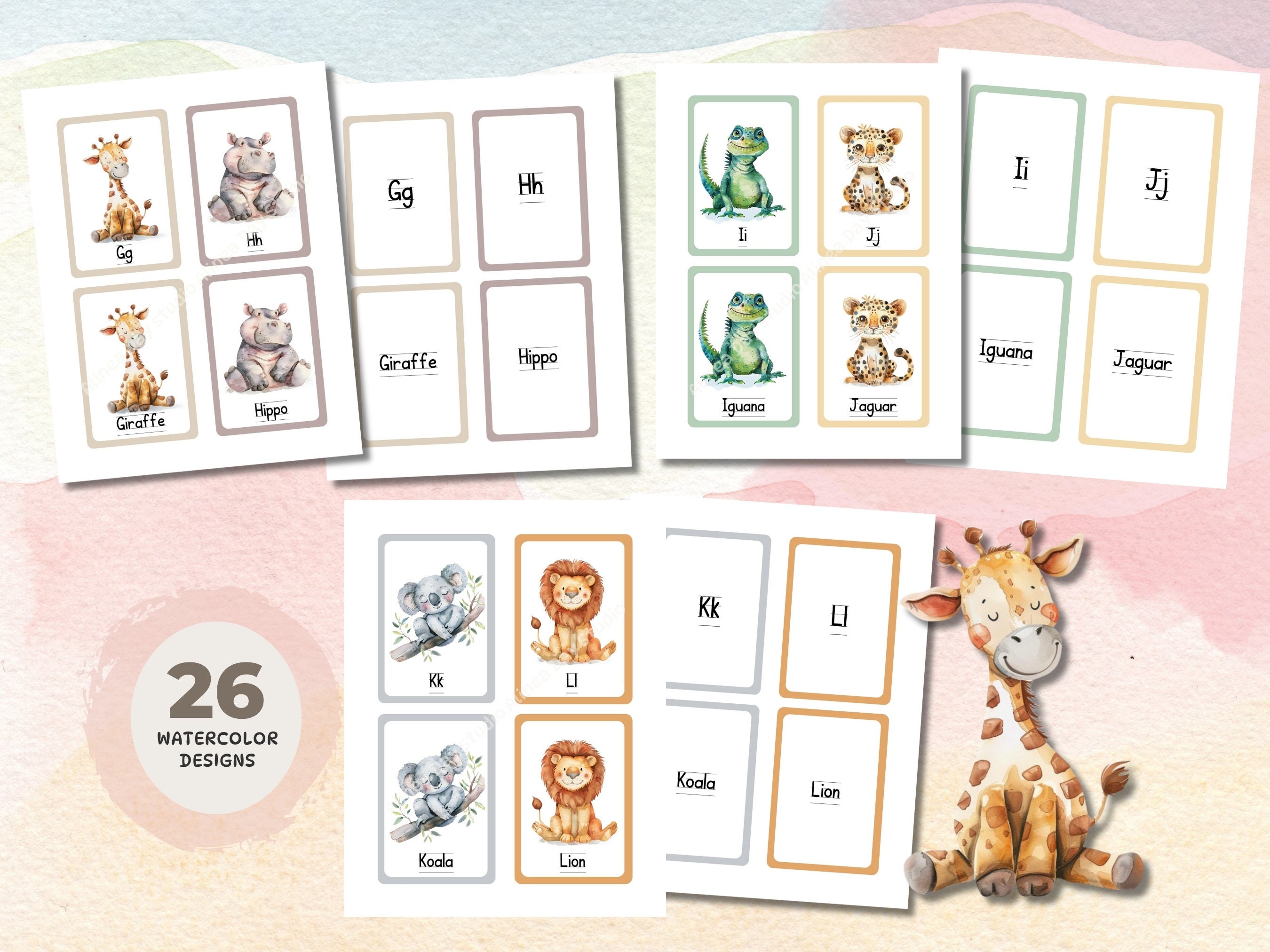 Watercolor Animals Alphabet Cards, Printable ABC Flash Cards ...