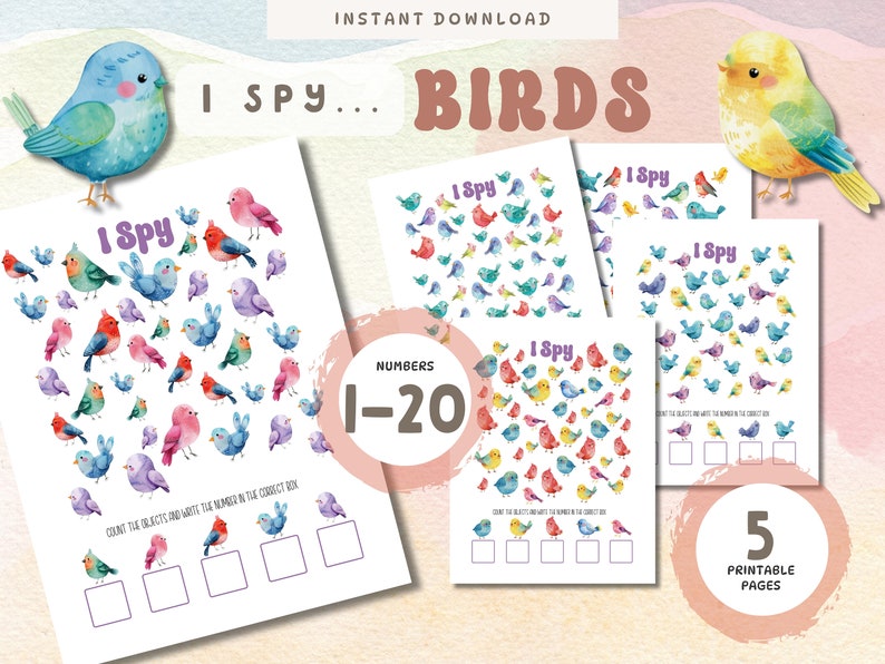 I Spy Summer BIRDS Counting Game Numbers 1-20 Printable Montessori ...
